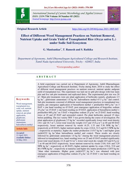 (PDF) Effect of Different Weed Management Practices on Nutrient Removal, Nutrient Uptake and ...