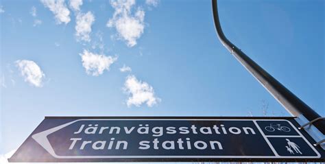 Sweden Motorway Road Sign On Street Lamp Post To Pedestrian Walkway And