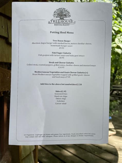 Menu At The Treehouse Restaurant Alnwick