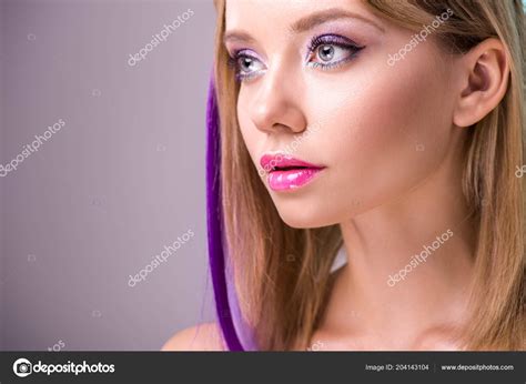 Close Portrait Beautiful Young Woman Colorful Strands Hair Looking Away