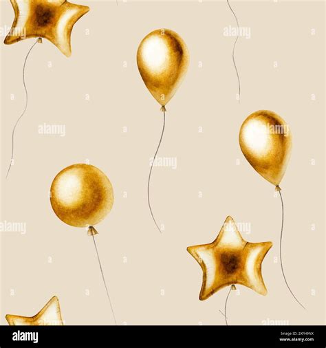 Seamless Pattern With Golden Foil Balloons On A Strings Hand Drawn