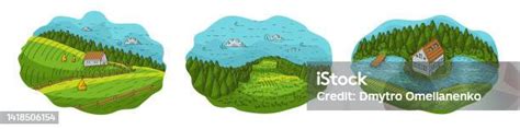 벡터 손으로 그린 다채로운 스케치 일러스트 레이 션 자연 풍경의 세트 숲 근처의 마을 집과 하얀 배경에 고립 된 산들 강에 대한 스톡 벡터 아트 및 기타 이미지 Istock
