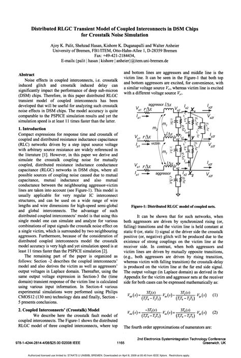 Pdf Distributed Rlgc Transient Model Of Coupled Interconnects In Dsm Chips For Crosstalk Noise