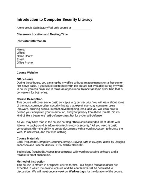 CS 4243 5243 Introduction Of Computer Security Syllabus Doc Template