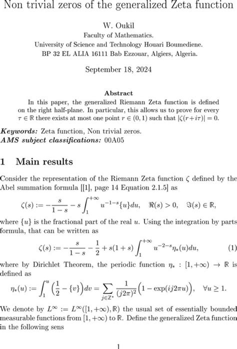 Non Trivial Zeros Of The Generalized Zeta Function Mathematics Cambridge Open Engage