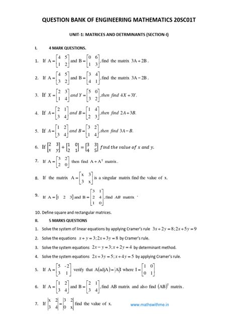 Engineering Mathematics Question Bank 20sc01t 1 Pdf Matrix