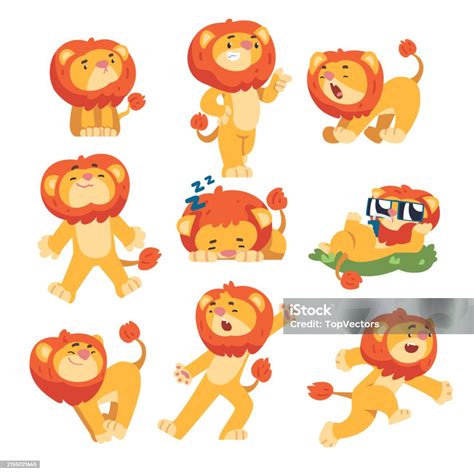 갈기와 함께 귀여운 사자 캐릭터 종사 다른 활동 벡터 세트 사자에 대한 스톡 벡터 아트 및 기타 이미지 사자 개체 그룹