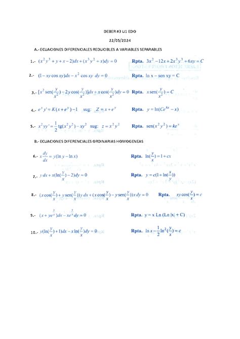 Deber 3 U1 Edo Reducible A Variable Separable Y Edo Homogéneas