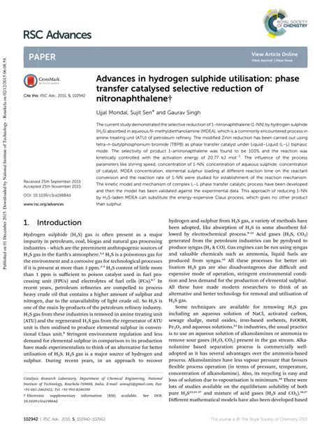 Pdf Advances In Hydrogen Sulphide Utilisation Phase Transfer