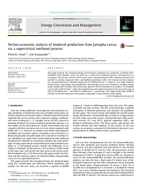 Pdf Techno Economic Analysis Of Biodiesel Production From Jatropha