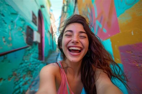 Street Instagram Selfie Of A Laughing Girl Premium Ai Generated Image