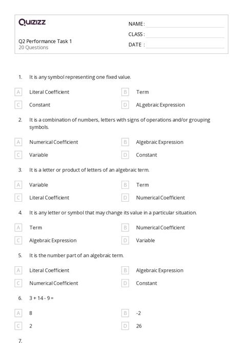 50 Performance Tasks Worksheets For 7th Class On Quizizz Free