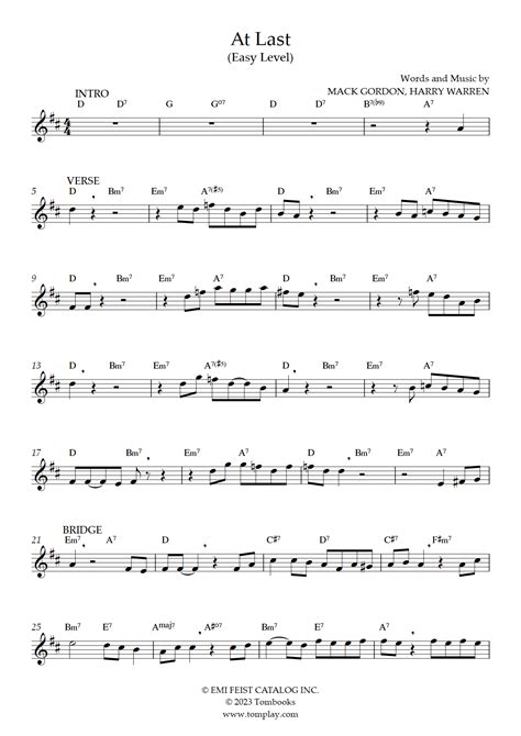 At Last Easy Level Alto Sax Etta James Saxophone Sheet Music