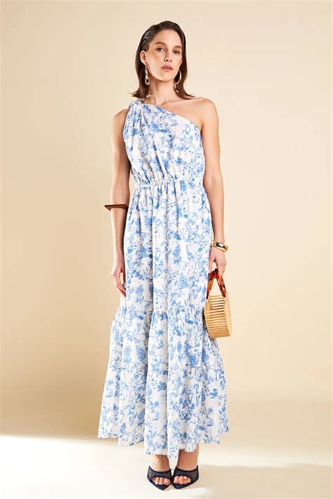 Floral One Shoulder Maxi Dress In Blue Barlow And Browning