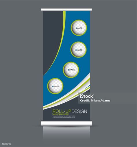 배너 스탠드를 롤업 합니다 수직 정보 보드 템플릿 디자인입니다 파란색과 녹색 색상 벡터 일러스트입니다 가리기에 대한 스톡 벡터 아트 및 기타 이미지 Istock