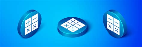 파란색 배경에 격리된 등분 계산기 아이콘입니다 회계 기호입니다 비즈니스 계산 수학 교육 및 금융 파란색 원 버튼입니다 벡터 일러스트레이션 3차원 형태에 대한 스톡 벡터 아트