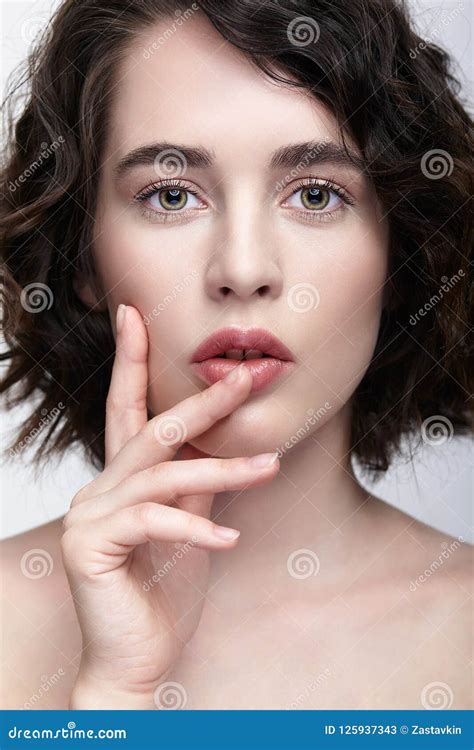 Closeup Beauty Portrait Of Young Woman With Hands Near Face Stock Image