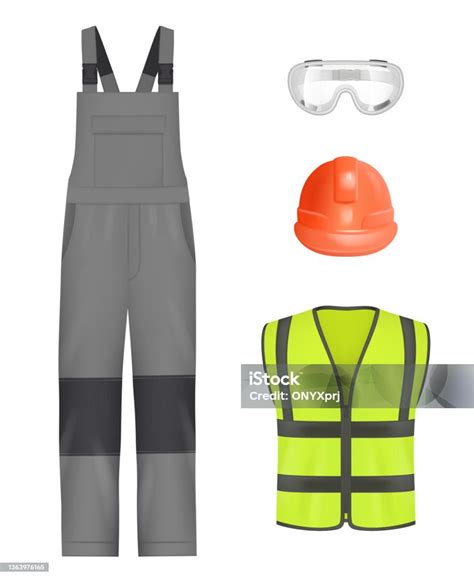 산업 유니폼 사실적인 작업복 전문 생성자 또는 엔지니어 바지 헬멧 신발과 재킷 반사 컬러 라인 괜찮은 벡터 템플릿 세트 모형에 대한 스톡 벡터 아트 및 기타 이미지 Istock