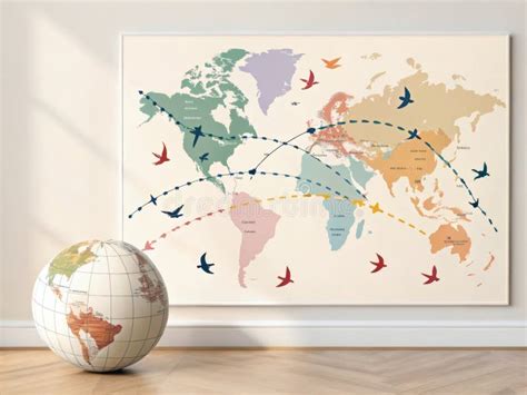 Bird Migratio Map With Arrows And Pastel Globe On Light Background