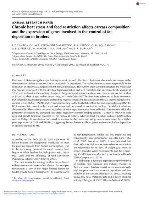 Pdf Chronic Heat Stress And Feed Restriction Affects Carcass