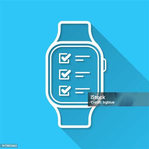 체크리스트가있는 스마트 워치 파란색 배경에 아이콘 긴 그림자가 있는 평면 디자인 3차원 형태에 대한 스톡 벡터 아트 및 기타