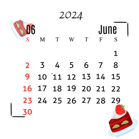 Календарь на июнь 2024 года с тортом в тарелочной рамке рисунок Шаблон