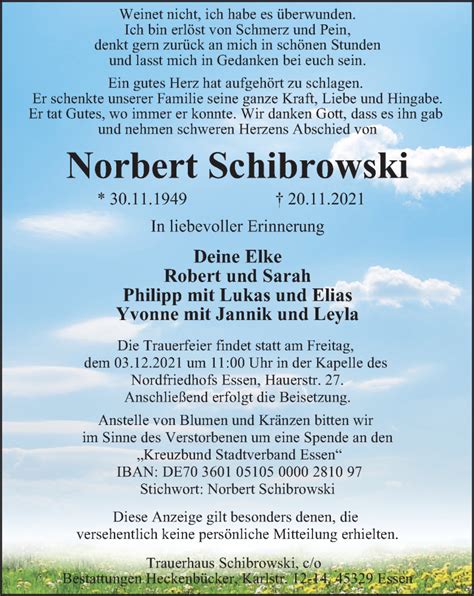 Traueranzeigen Von Norbert Schibrowski Trauer In NRW De