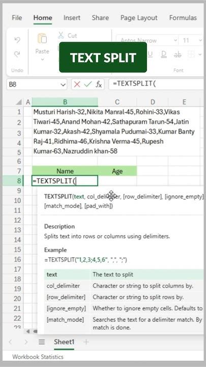 Textsplit Function In Excel Ytshorts Excelshorts Shorts Youtube