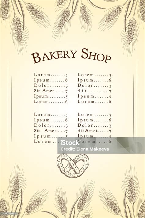 빵집 밀 귀 프레첼 및 그런지 배경에 글자와 전단지 템플릿의 과자 가게 메뉴 Bakeshop 벡터 손으로 그린 스케치 일러스트