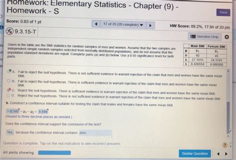 Solved Homework Elementary Statistics Chapter 9 Chegg Com