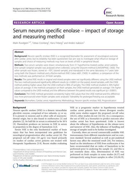 Pdf Serum Neuron Specific Enolase Impact Of Storage And Measuring Method