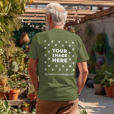 Man Wearing Olive Green T Shirt Mockup Back View Template