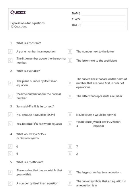 Understanding Expressions And Equations Worksheets On Quizizz