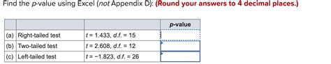 Solved Find The P Value Using Excel Not Appendix D Round