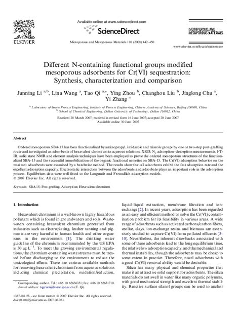 Pdf Different N Containing Functional Groups Modified Mesoporous Adsorbents For Cr Vi