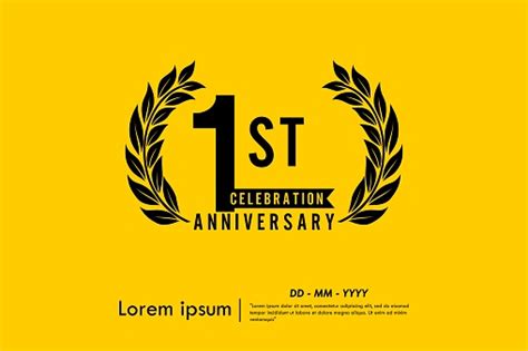 1주년 기념 엠블럼 기념일 로고는 노란색 배경에 월계관과 리본으로 격리되어 있습니다 웹 전단지 포스터 인사말 카드에 대한 벡터 일러스트 레이 션 템플릿 디자인 1에 대한