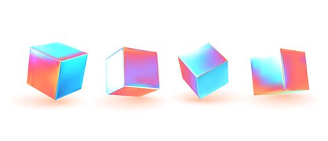 큐브 컬렉션 흰색 배경에 격리된 기하학적 3d 오브젝트 집합입니다 그라데이션 홀로그램 색상 음영 입방체에 대한 스톡 벡터 아트