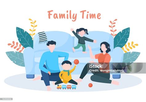 즐거운 부모와 아이들의 가족 시간은 포스터 또는 배경에 대한 만화 평면 일러스트에서 다양한 편안한 활동을하고 집에서 함께 시간을 보내고 가족에 대한 스톡 벡터 아트 및 기타
