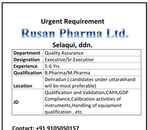 Rusan Pharma Ltd Urgent Openings For Executivesrexecutive Qa At
