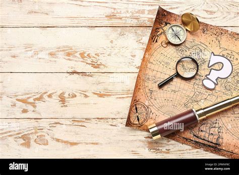 World Map With Question Mark Spyglass Compass And Magnifier On White