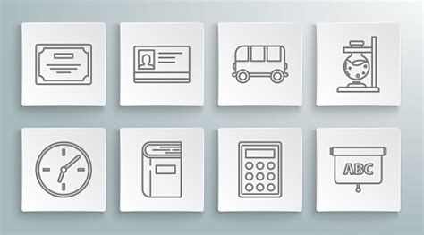 라인 시계 식별 배지 책 계산기 칠판 스쿨 버스 유리 시험관 플라스크 화재 및 인증서 템플릿 아이콘을 설정합니다 벡터 0명에 대한 스톡 벡터 아트 및 기타 이미지 Istock