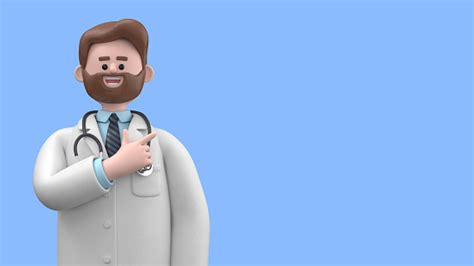 남자 의사 아이버슨의 3d 그림은 광고를 위해 빈 복사 공간을 손가락으로 가리키며 길을 보여줍니다 미니멀한 스타일 파란색 배경에