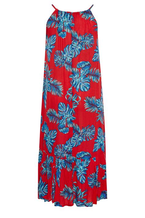 Yours Curve Plus Size Red Tropical Print Tiered Beach Dress Yours