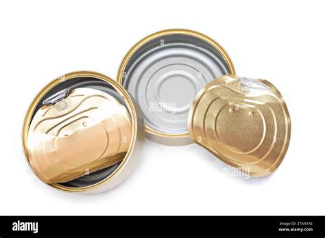 Two Opened Empty Tin Cans With Broken Cover Isolated On White Background Clean Used Aluminum