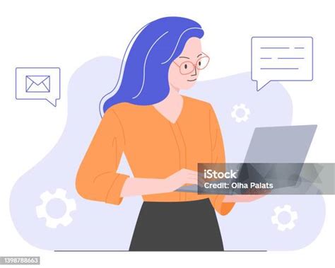 노트북을 가진 여자 지원 관리자 사무원 비즈니스 여성 벡터 일러스트 레이 션 개념에 대한 스톡 벡터 아트 및 기타 이미지