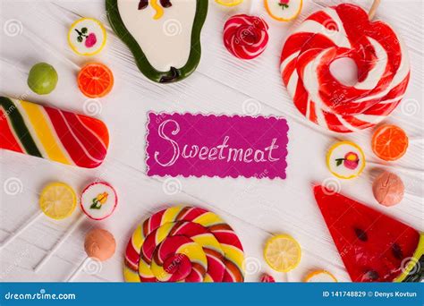 Flat Lay Composition With Different Yummy Candies Stock Image Image Of Flavor Candy 141748829