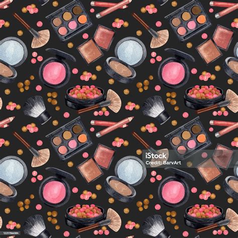 수채화는 매끄러운 패턴을 구성합니다 어두운 배경에 립스틱 아이 섀도우 파우더 화장품 텍스처 브러쉬 마스카라와 손으로 그린 원활한 화장품 패턴 0명에 대한 스톡 벡터 아트 및
