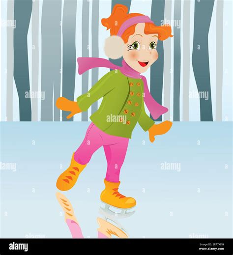 Ice Skating Girl Small Girl With Big Smile On Ice Vector Cartoon