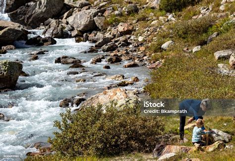 어머니와 유아 소녀 Susten Pass에서 야생 블루 베리를 따는 것은 스위스의 Stein Glacier와 Steinsee