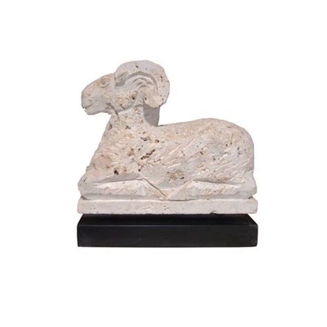 Travertine Ram Statue Black Wooden Base Lilys Living